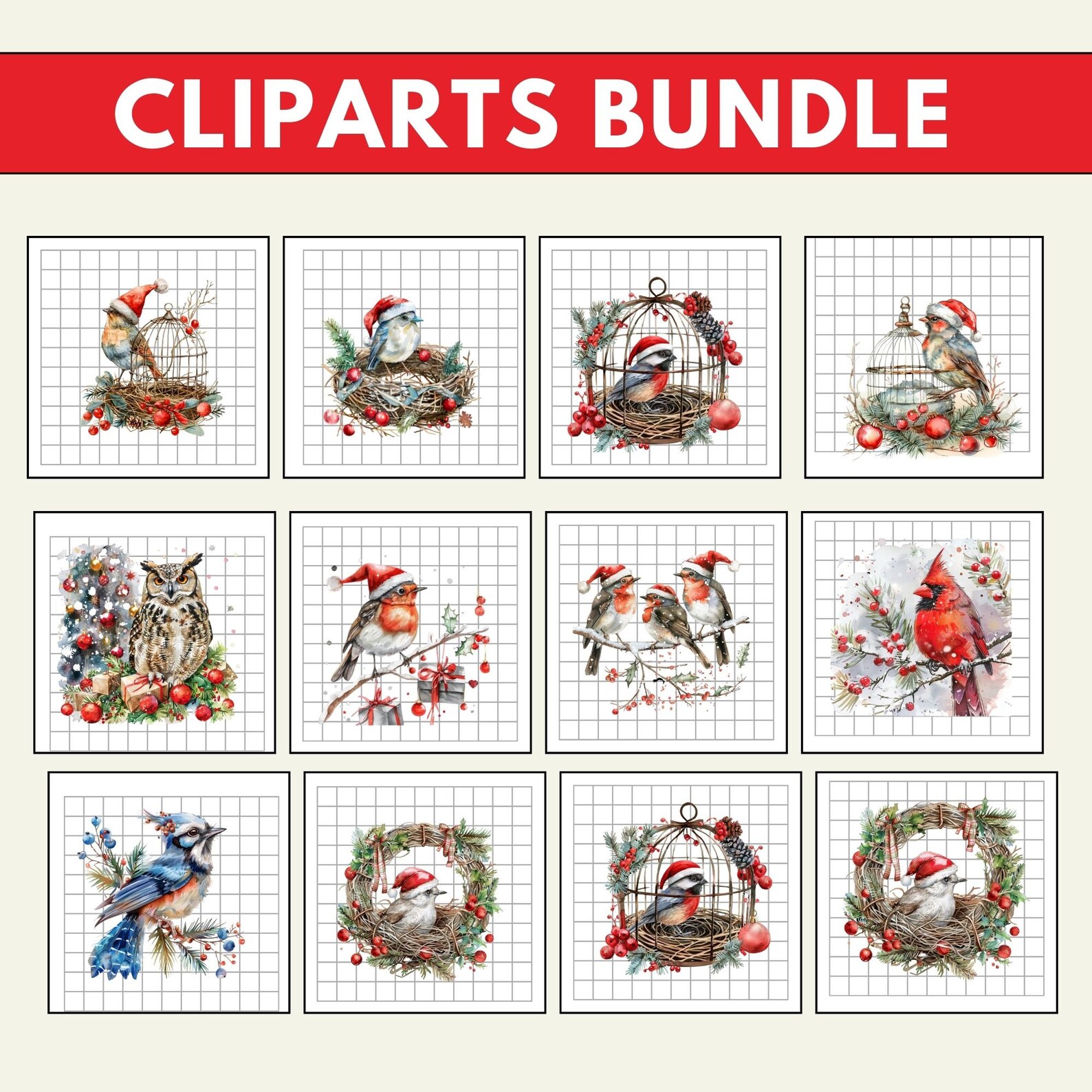 Christmas Birds Clipart, Christmas Clipart PNG Bundle, 35 PNG Christmas ...