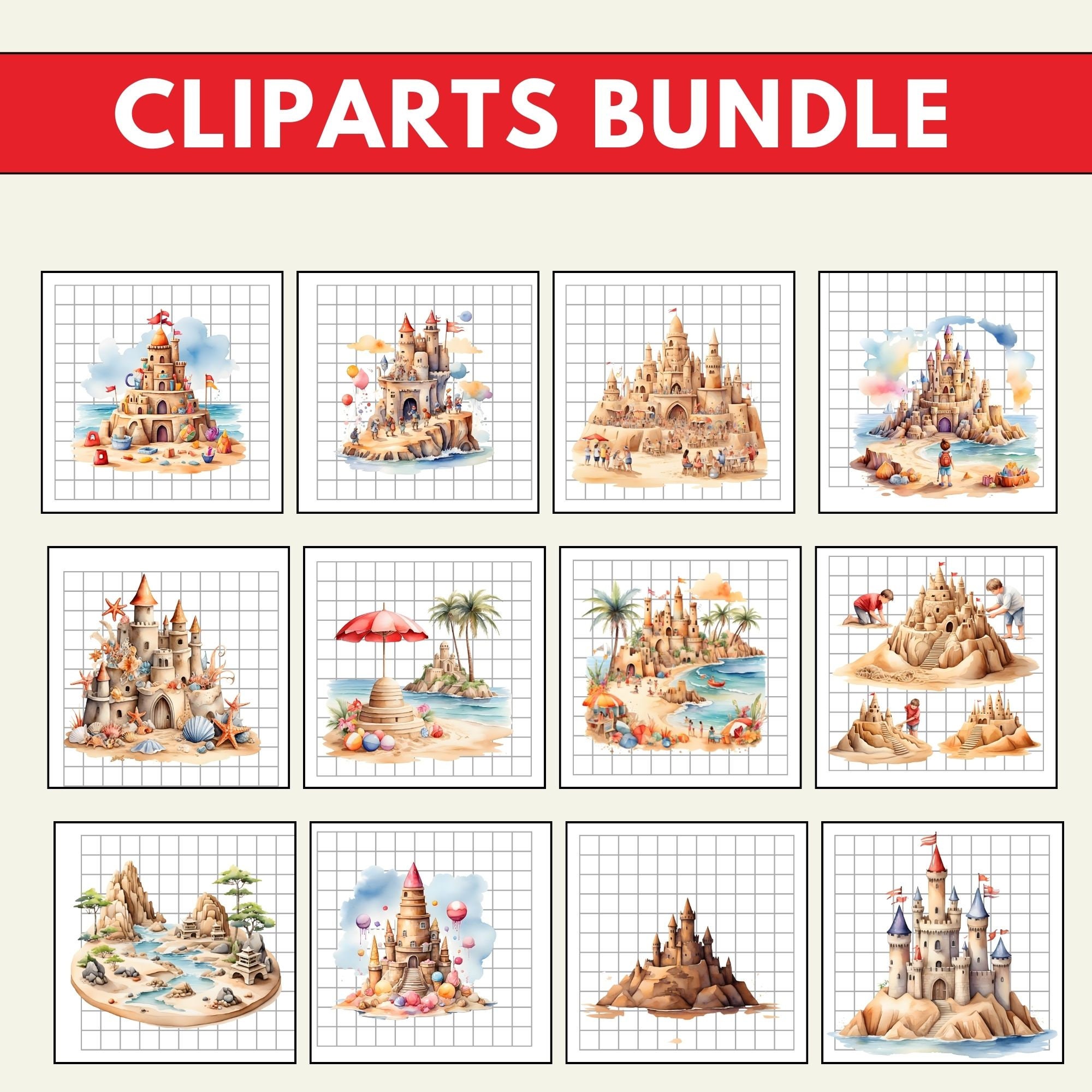 Sandcastle Clipart, Beach Clipart PNG Bundle, 24 PNG Sandcastle Clipart ...