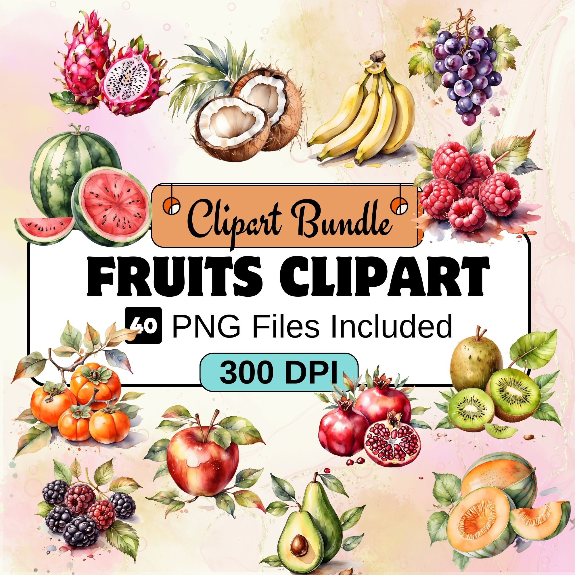 Fruits Clipart, Food Clipart PNG Bundle, 24 PNG Fruits Clipart Bundle ...