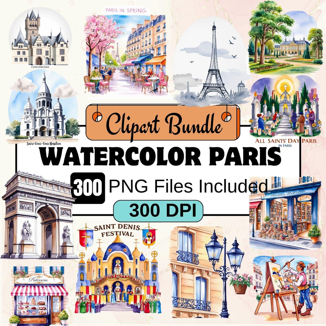 Watercolor Paris Clipart, Paris Streets Clipart PNG Bundle, 300 PNG ...