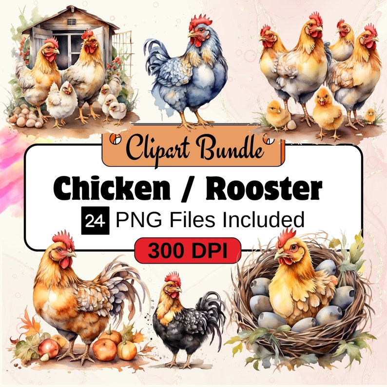 Chicken Clipart, Watercolor Chicken PNG Bundle, 24 PNG Farm Animals ...