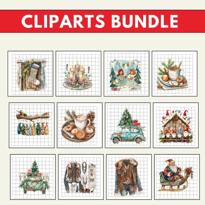 Boho Christmas Clipart, Christmas Clipart PNG Bundle, 47 PNG Christmas ...