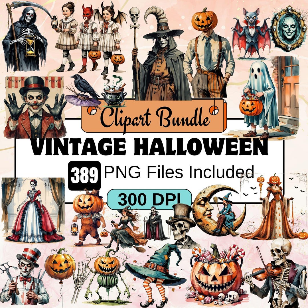 Vintage Halloween Clipart,watercolor Halloween Clipart PNG Bundle ...