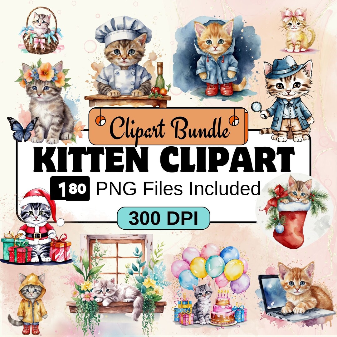 Kitten Clipart Clipart, Cute Cat Clipart PNG Bundle, 48 PNG Kitten ...