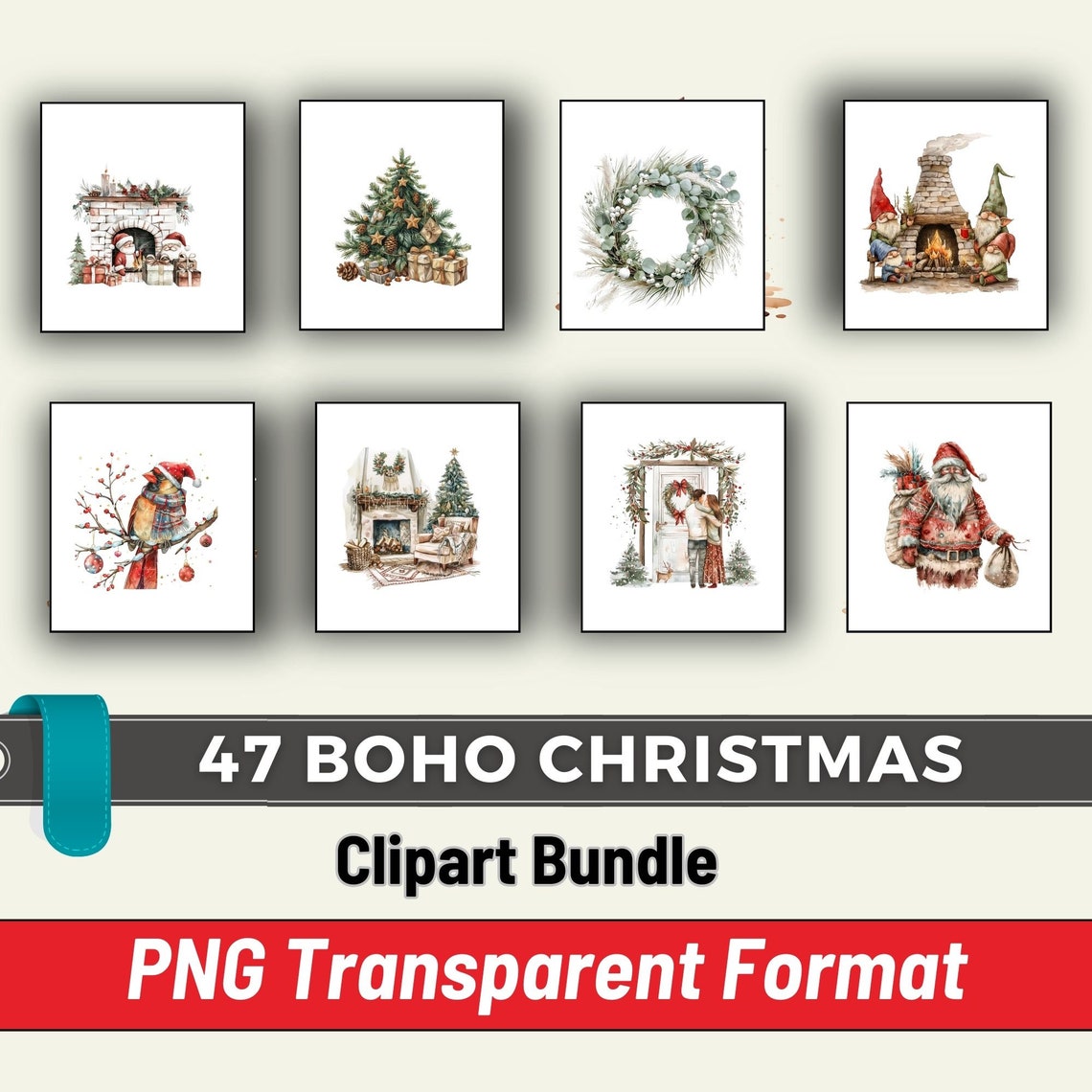 Boho Christmas Clipart, Christmas Clipart PNG Bundle, 47 PNG Christmas ...
