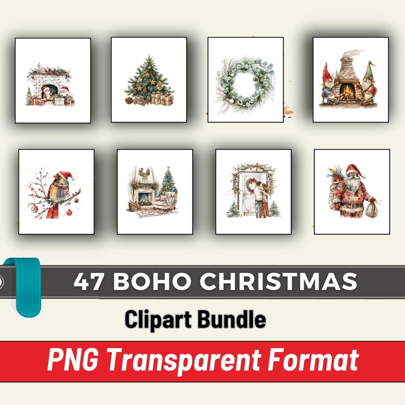 Boho Christmas Clipart, Christmas Clipart PNG Bundle, 47 PNG Christmas ...