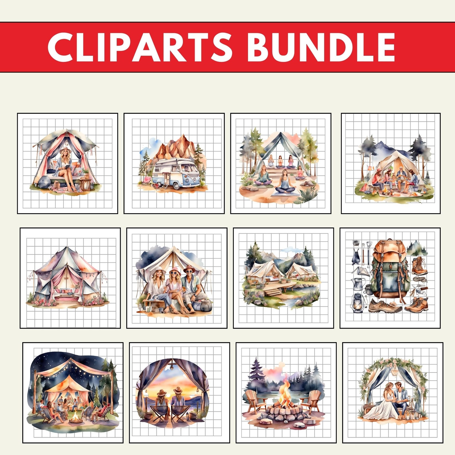 Glamping Clipart, Camping Clipart PNG Bundle, 24 PNG GLAMPING Clipart ...