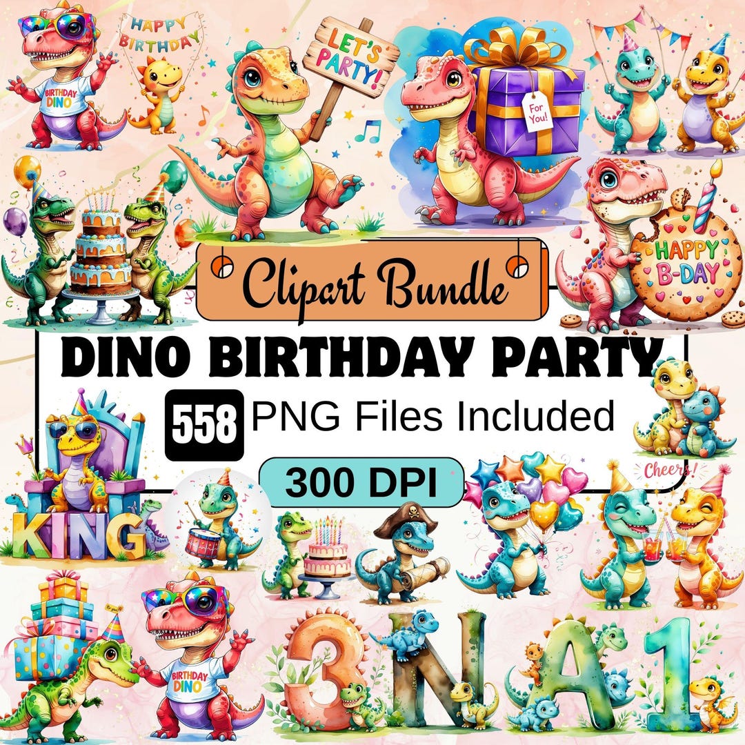 Dino Birthday Party Clipart,birthday Dinosaur Watercolor Clip Arts ...