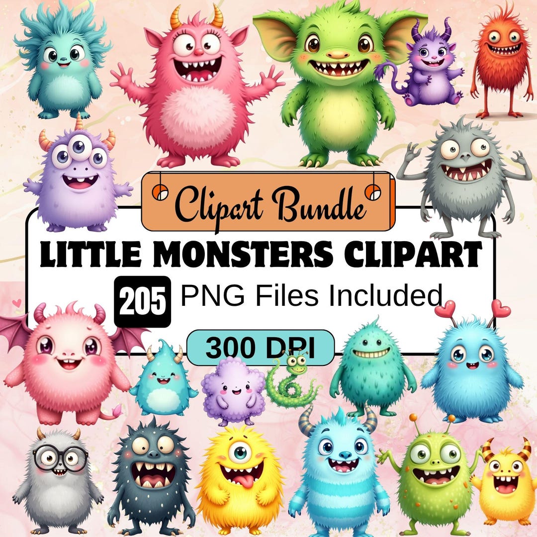 205 Little Monsters Clipart Bundle,cute Monster PNG Set,cartoon ...