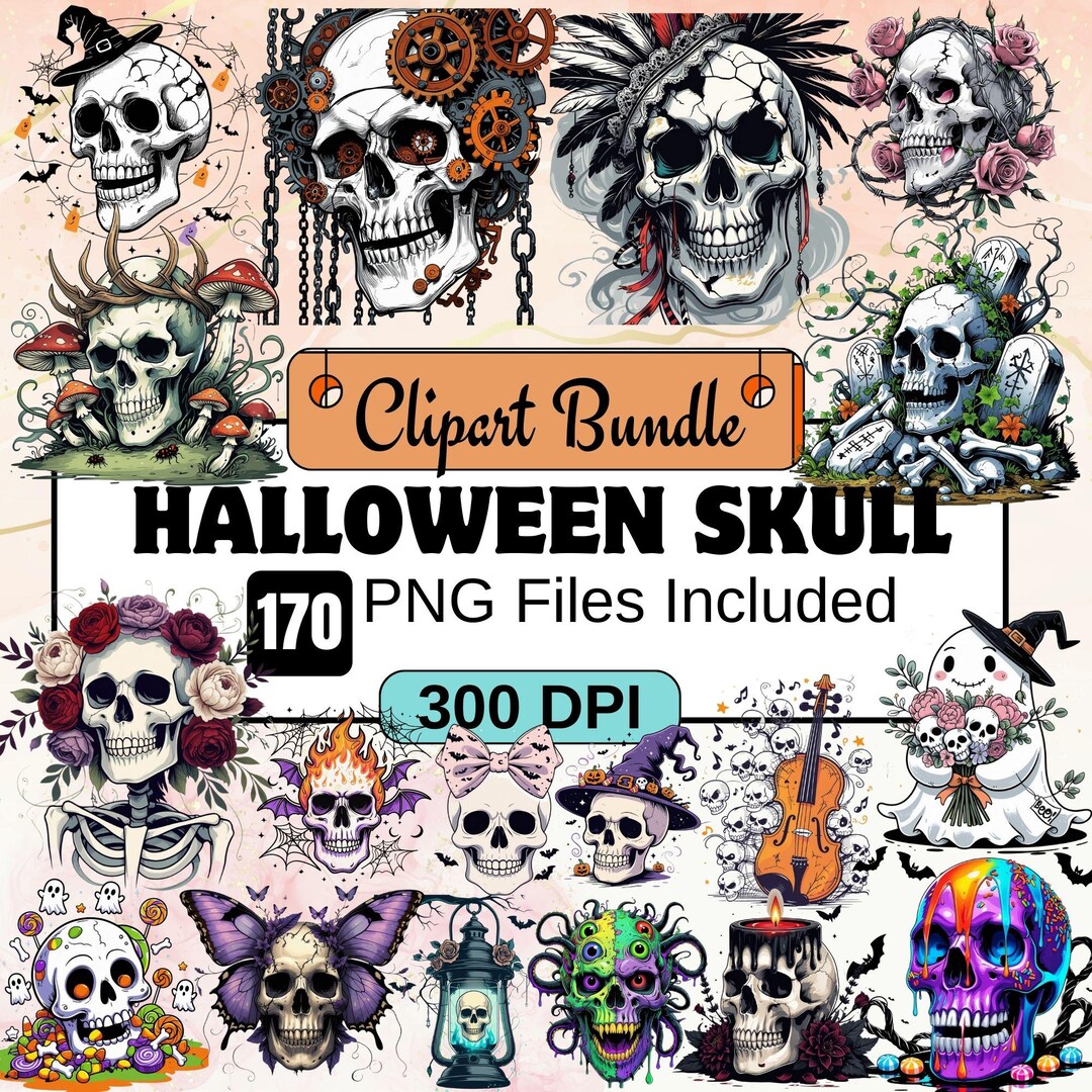170 Skull Halloween Clipart,skeleton Halloween Clipart PNG Bundle,ghost ...