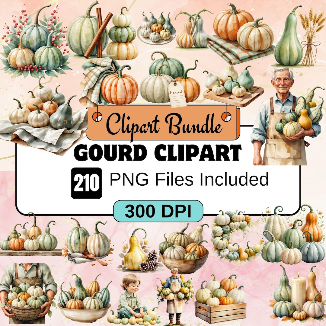 Gourd Clipart PNG Bundle | Fall Harvest Gourds Illustration | Autumn ...