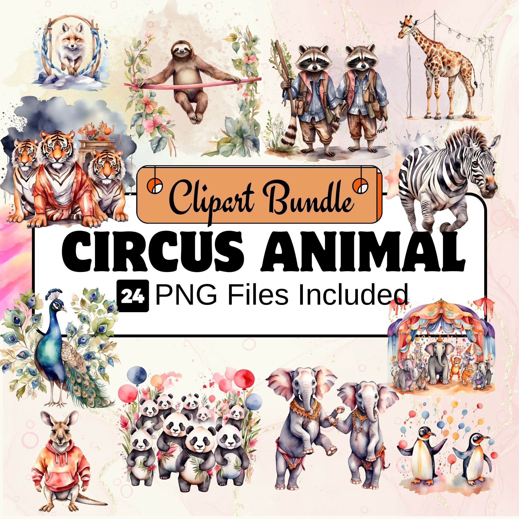 Circus Animal Clipart, Circus Tent Animal Clipart PNG Bundle, 24 PNG ...