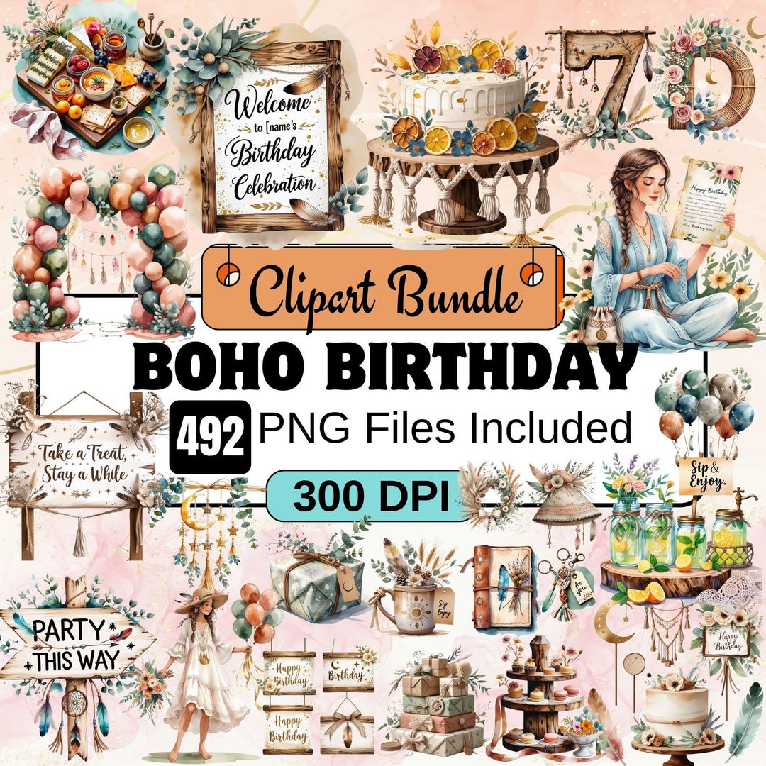 493 Boho Birthday Clipart Bundle Png,watercolor Boho Birthday PNG ...