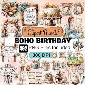 493 Boho Birthday Clipart Bundle Png,watercolor Boho Birthday PNG ...