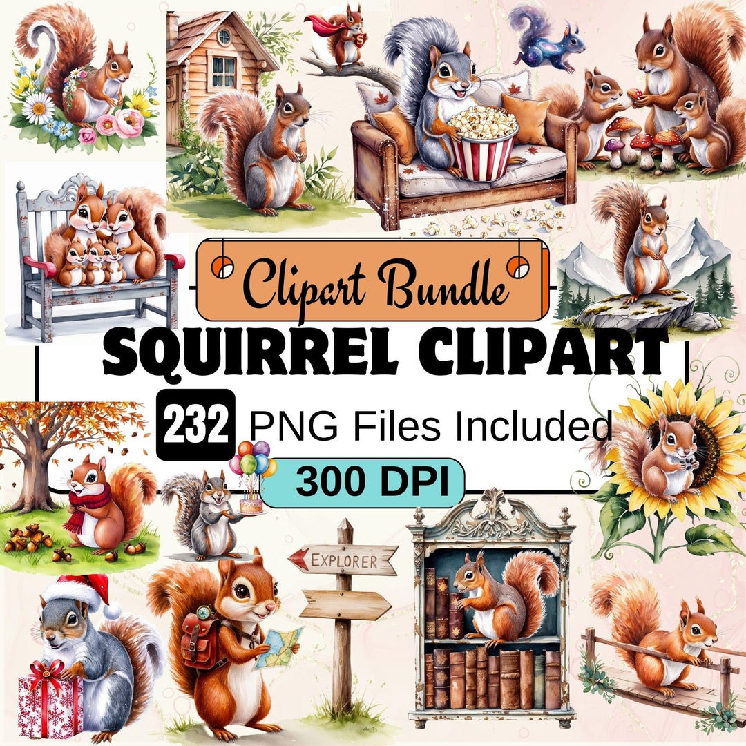 Squirrels Watercolor Clipart Bundle, 348 PNG Playful Squirrel Images ...
