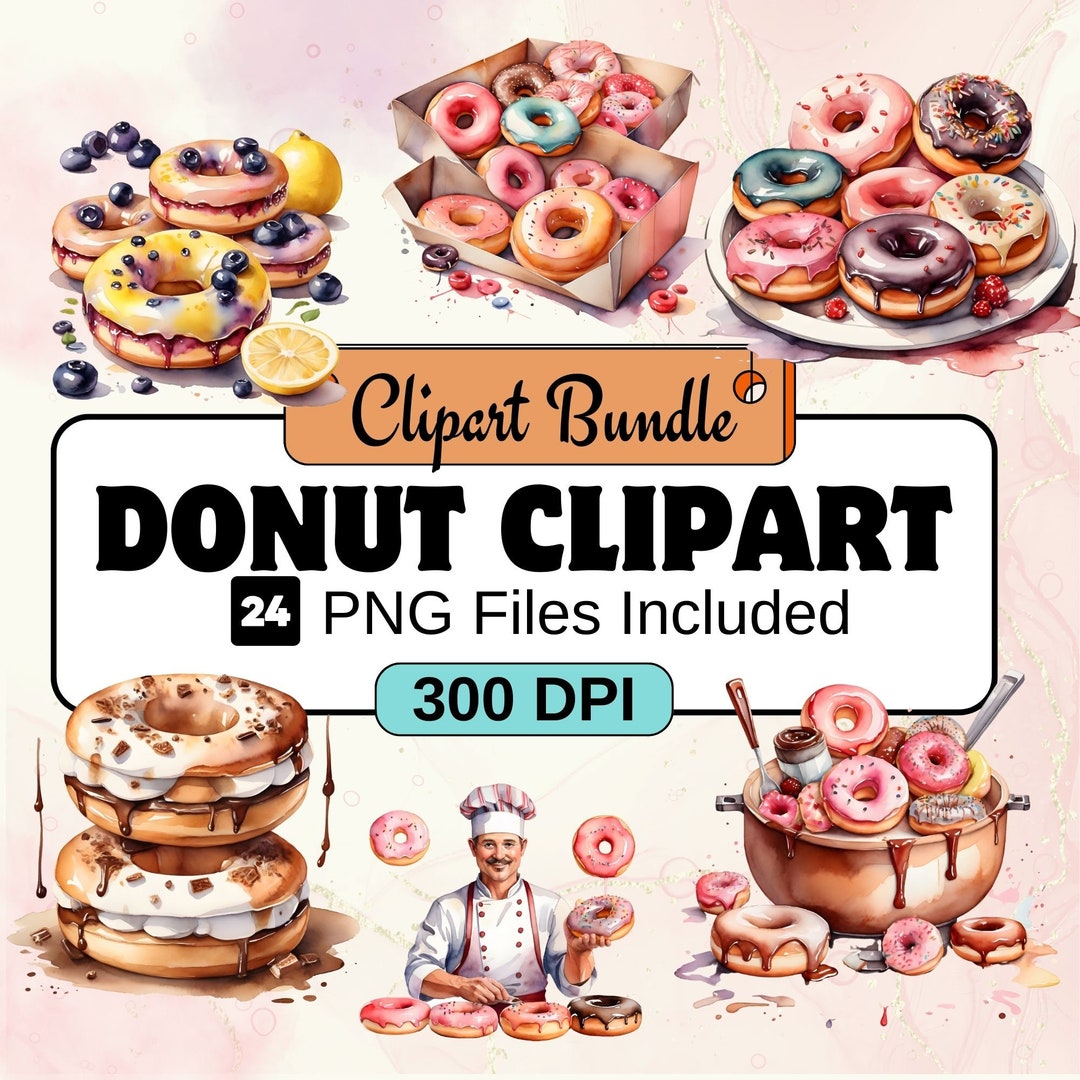 Donut Clipart, Watercolor Donu , Breakfast Clipart, PNG Bundle, 24 ...