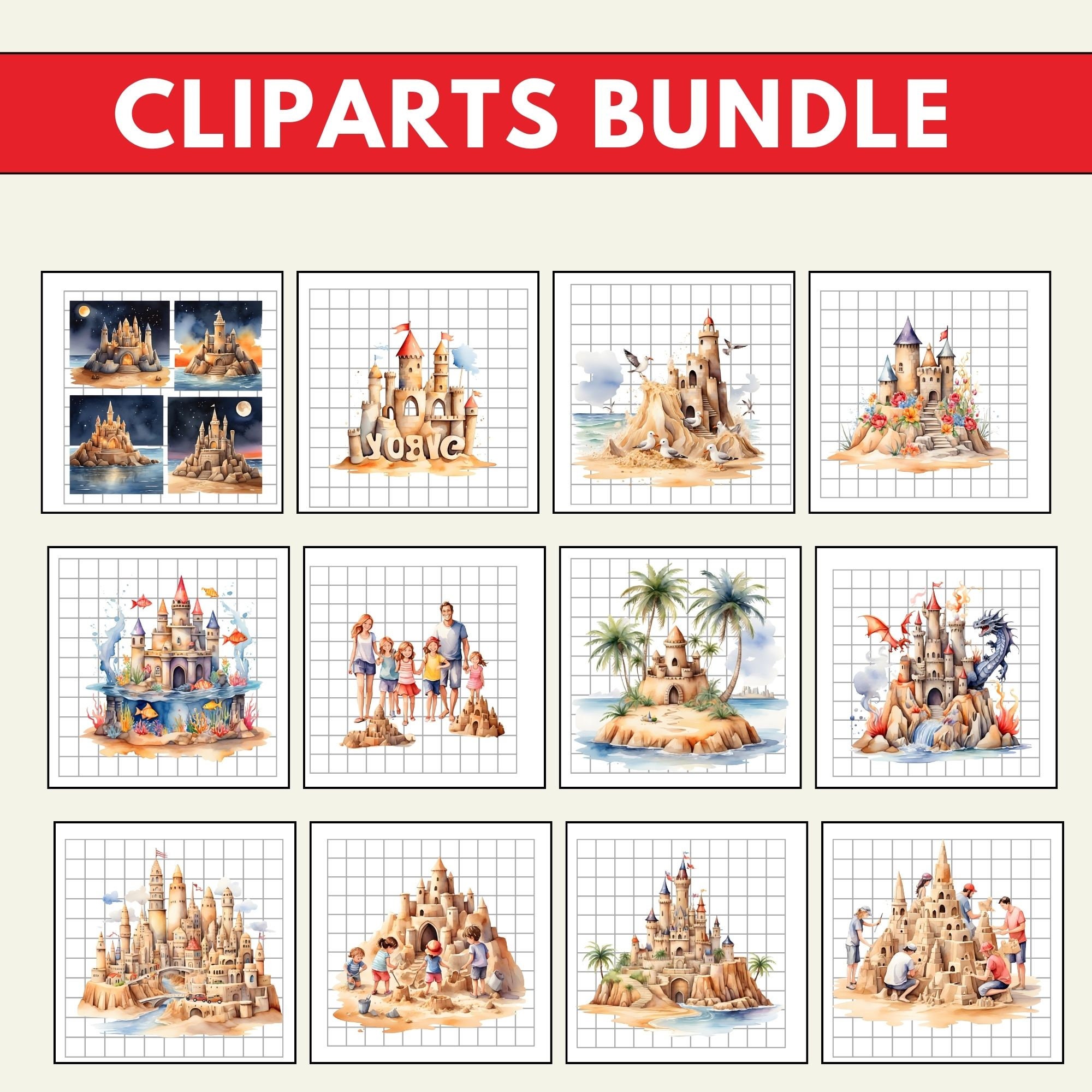 Sandcastle Clipart, Beach Clipart PNG Bundle, 24 PNG Sandcastle Clipart ...