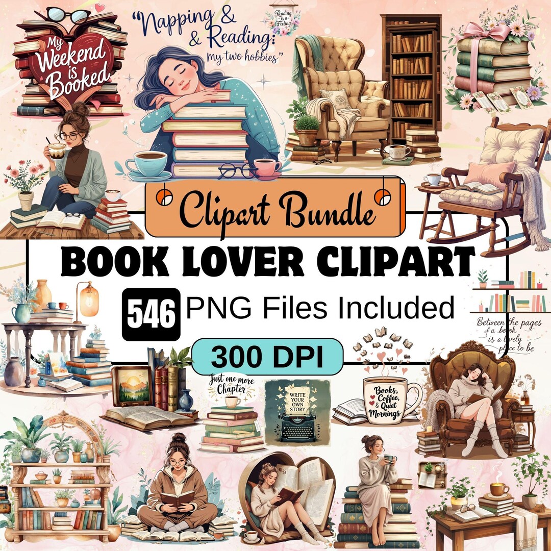 543 Book Lovers Clipart Bundle PNG Set,book Clipart Png,bookworm Clip ...