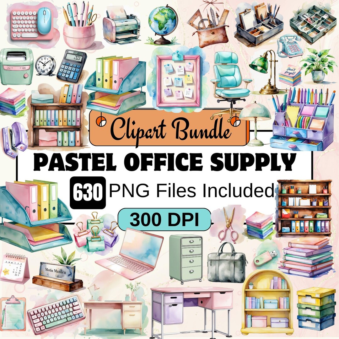 633 Office Supplies Watercolor Clipart,pastel Office Supply Clipart Png ...