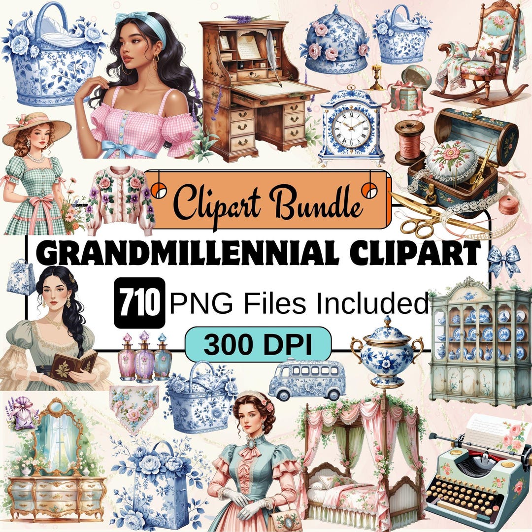 Grandmillennial Clipart Bundle Set,watercolor Grand Millennial Png ...