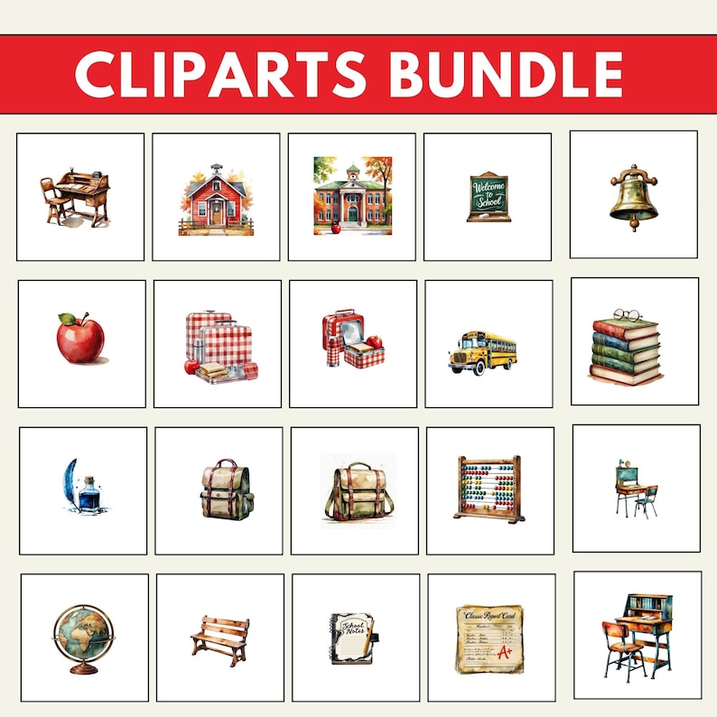 Vintage School Clipart,retro School Clipart PNG Bundle,old School,1950 ...