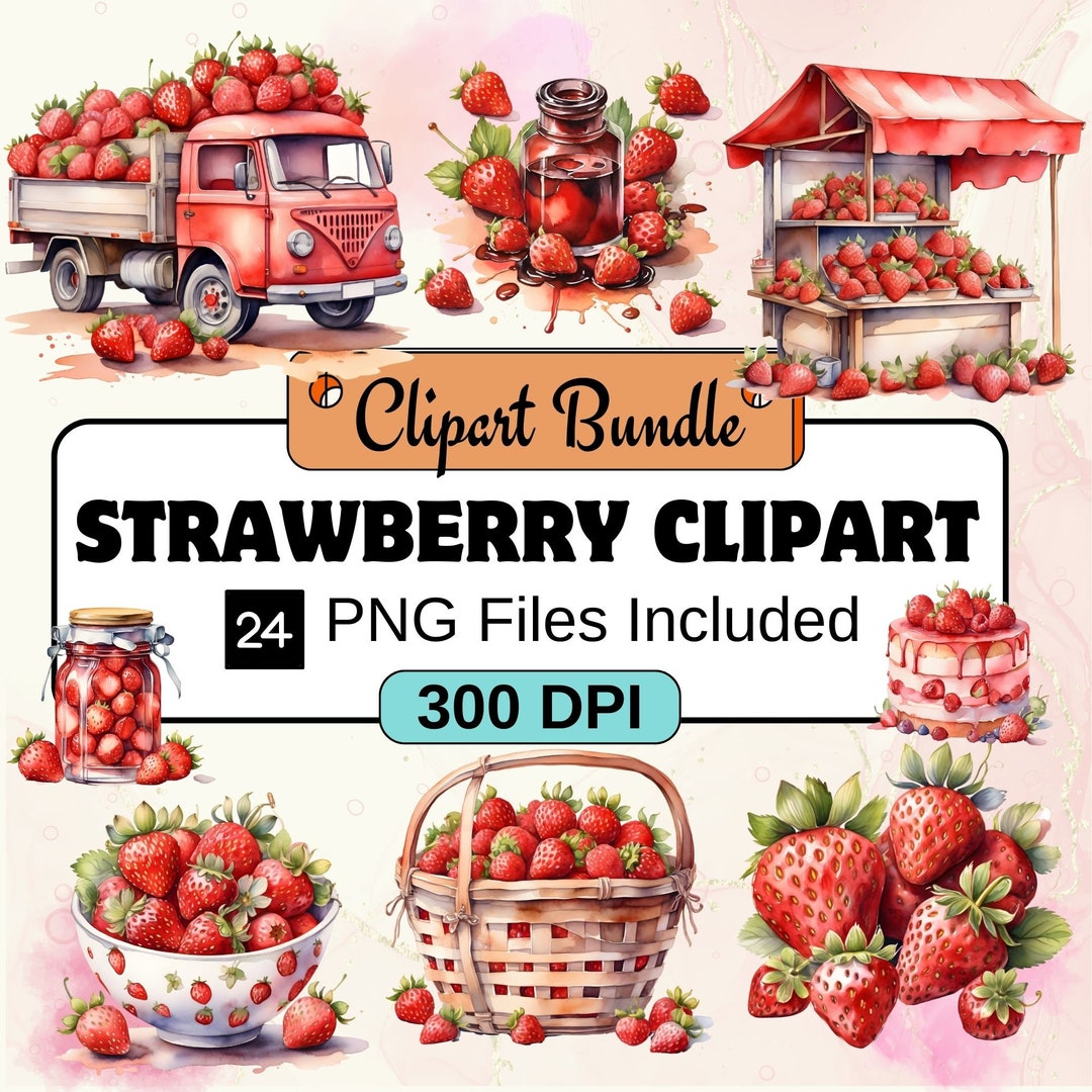Strawberry Clipart, Watercolor Strawberry, Food Clipart, PNG Bundle, 24 ...