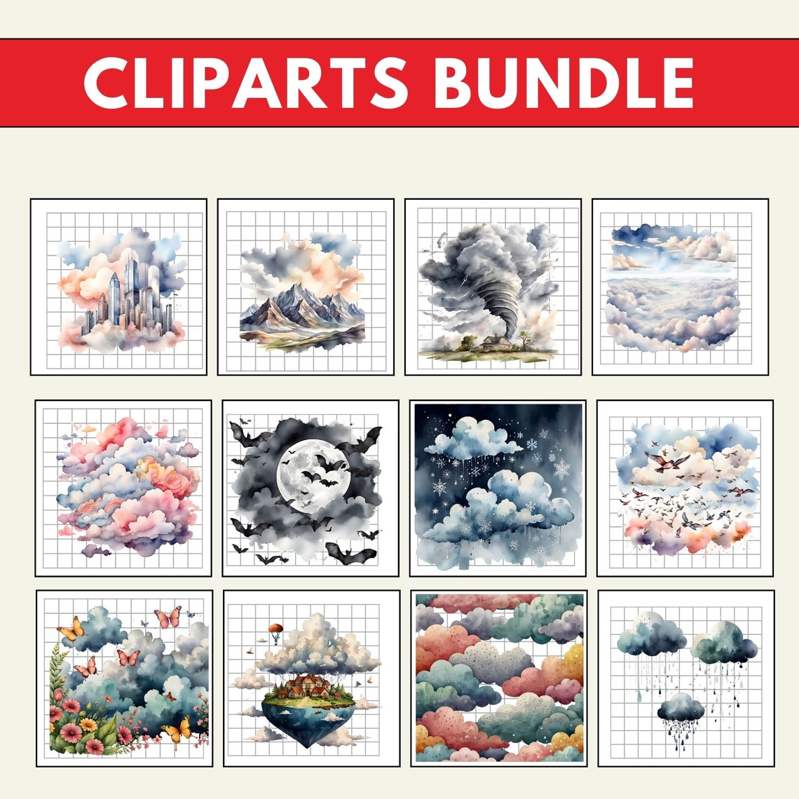 Cloud Clipart, Weather Clipart PNG Bundle, 24 PNG Cloud Clipart Bundle ...