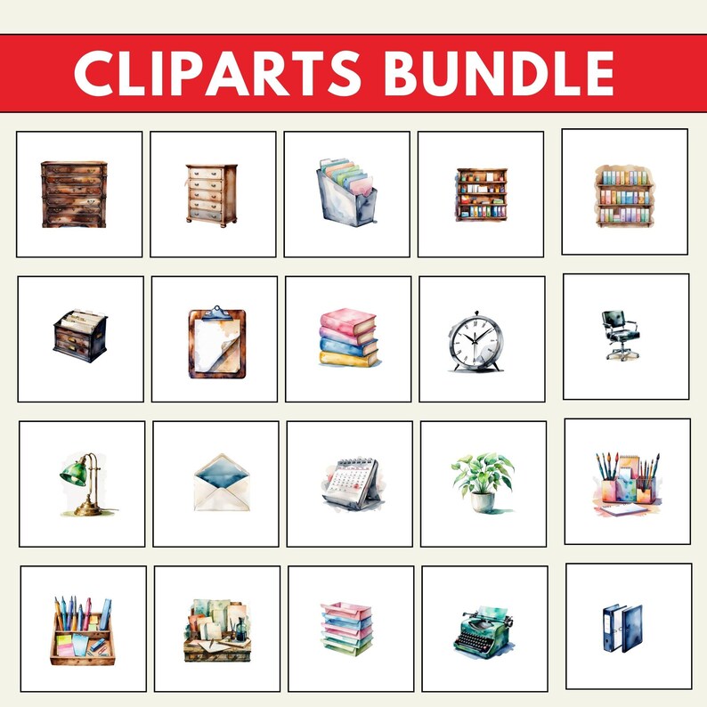 335 Office Supplies Watercolor Clipart Bundle Set, Home Office Clipart ...
