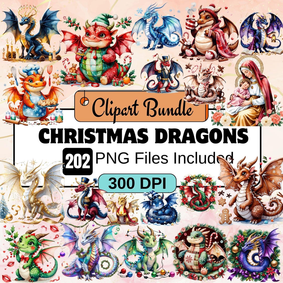 202 Christmas Dragon Clipart,christmas Clipart PNG Bundle,festive ...