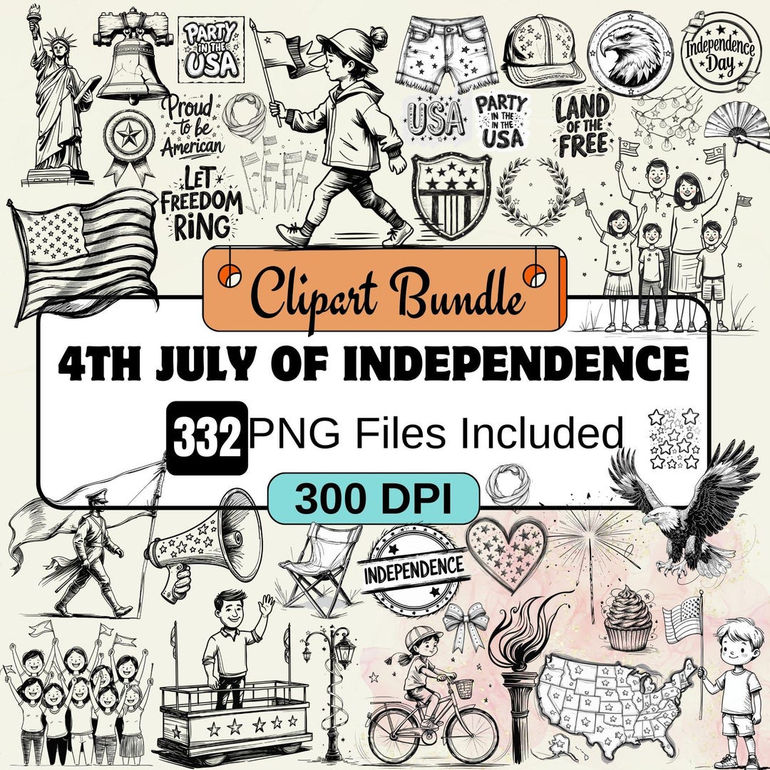 4th of July Hand Drawn Clipart Bundle, Independence Day PNG, Patriotic ...