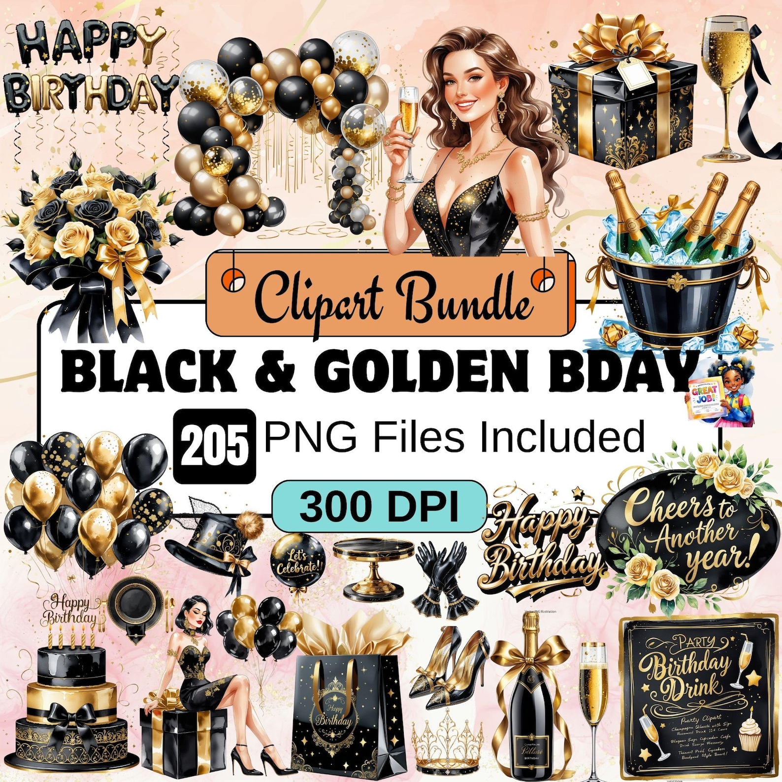205 Black and Golden Birthday Clipart Bundle Set, Watercolor Happy ...