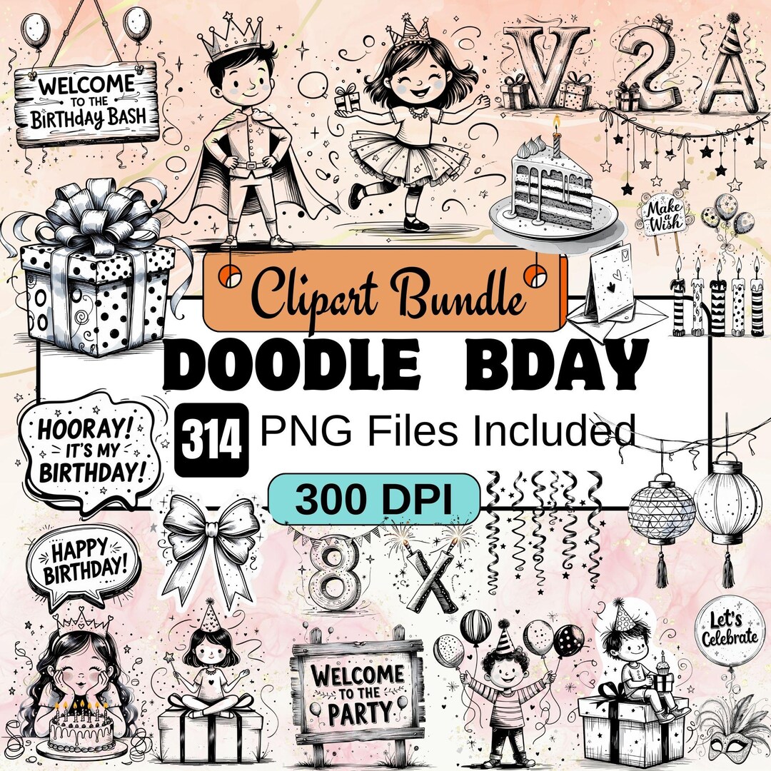 447 Doodle Birthday Clipart Bundle Set, Hand-drawn Birthday Graphics ...
