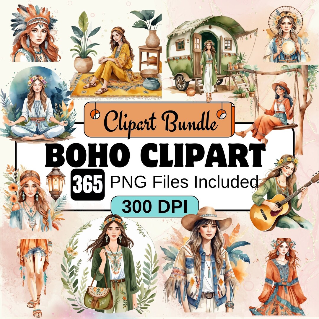 Boho Clipart, Boho Clipart PNG Bundle, 185 PNG Boho Watercolor Clipart ...