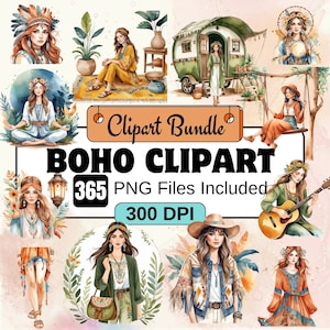 Boho Clipart, Boho Clipart PNG Bundle, 185 PNG Boho Watercolor Clipart ...