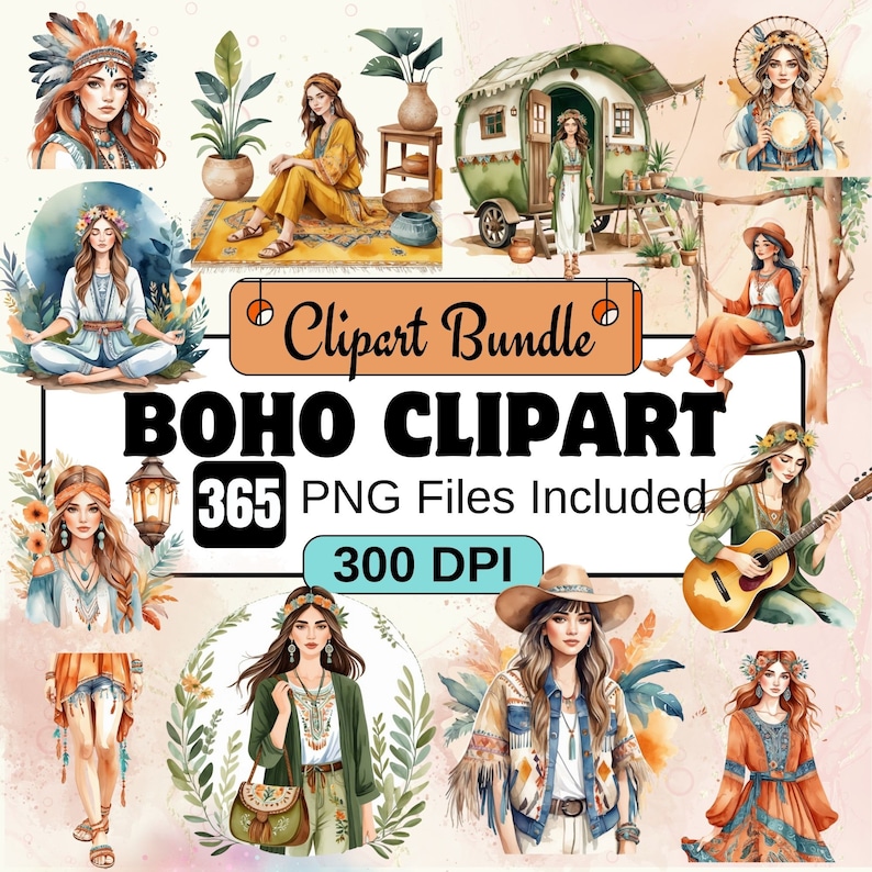 Boho Clipart, Boho Clipart PNG Bundle, 185 PNG Boho Watercolor Clipart ...