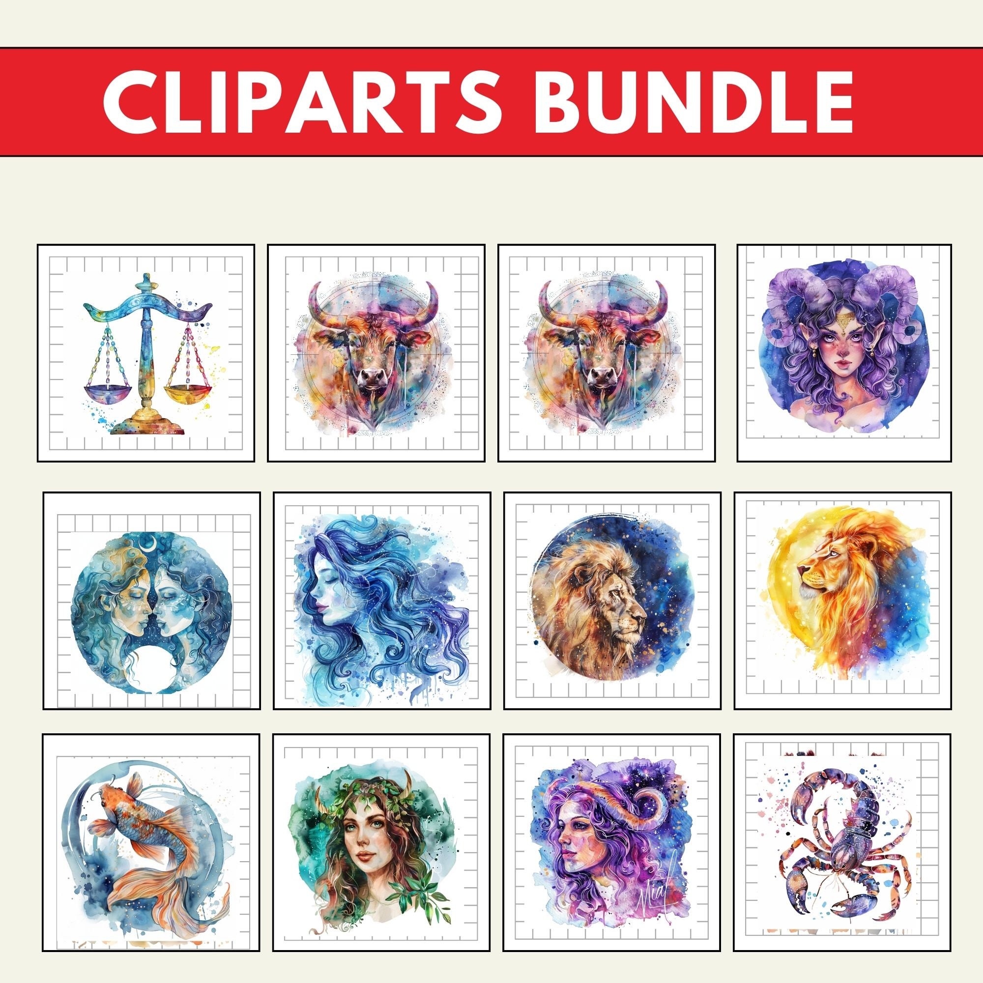 Zodiac Sign Clipart, Couple Clipart PNG Bundle, 24 PNG Zodiac Sign ...