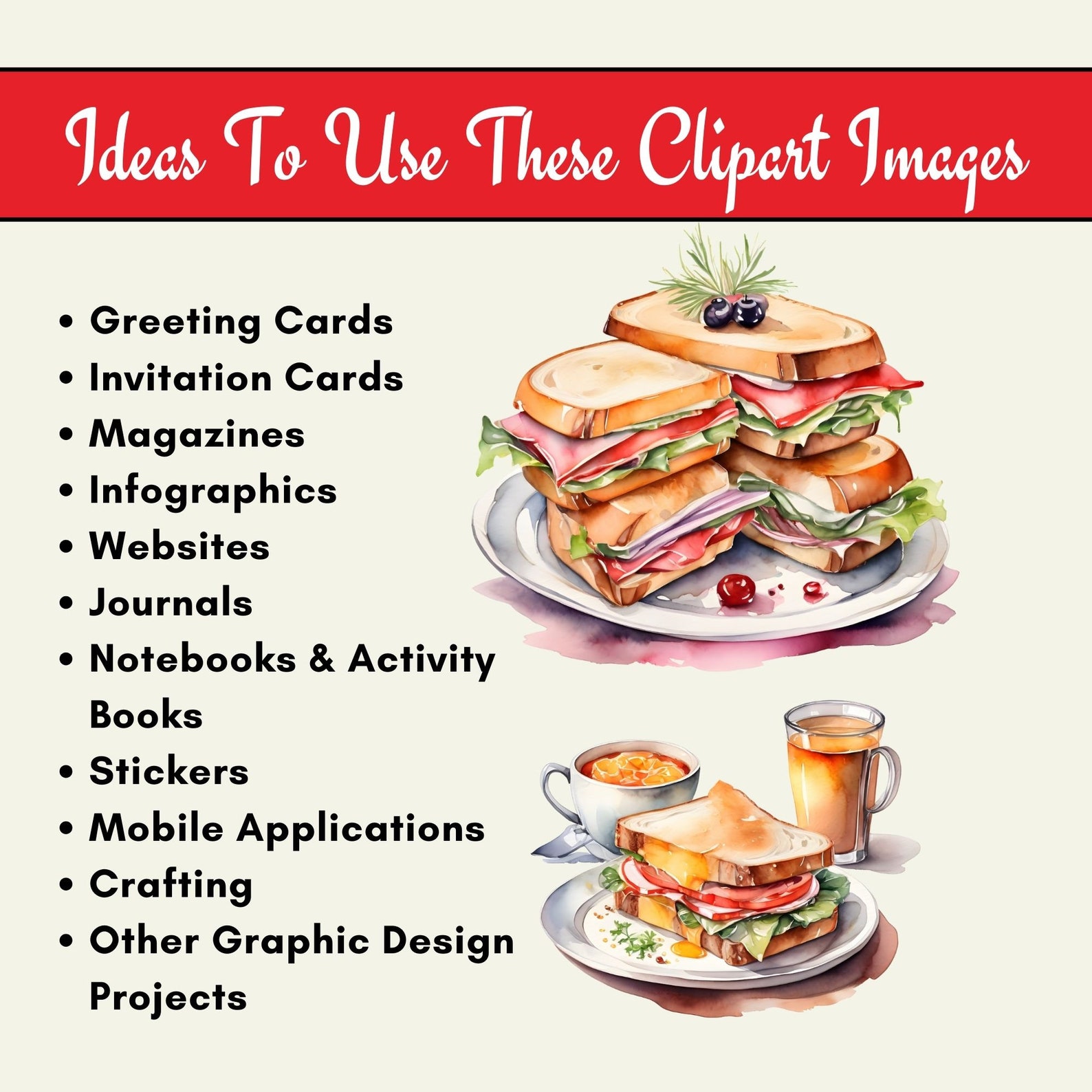 Sandwich Clipart, Watercolor Sandwich, Food Clipart, PNG Bundle, 24 ...