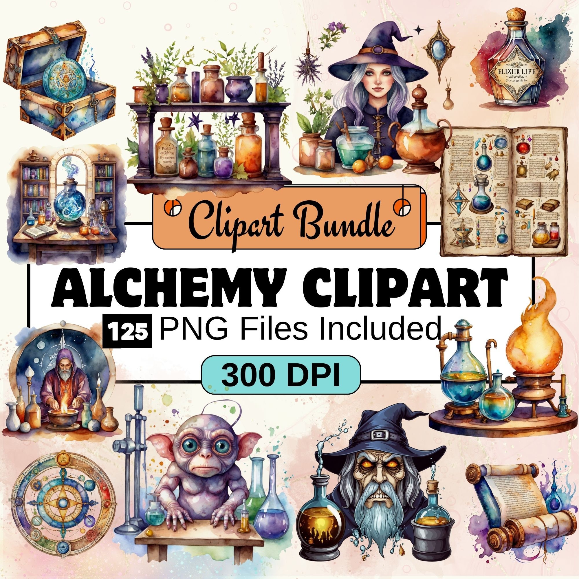 Alchemy Clipart, Fantasy Clipart PNG Bundle, 125 PNG Alchemy Clipart ...