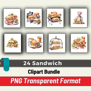 Sandwich Clipart, Watercolor Sandwich, Food Clipart, PNG Bundle, 24 ...