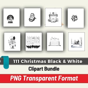 Christmas Black and White Clipart, Christmas Clipart PNG Bundle, 111 ...