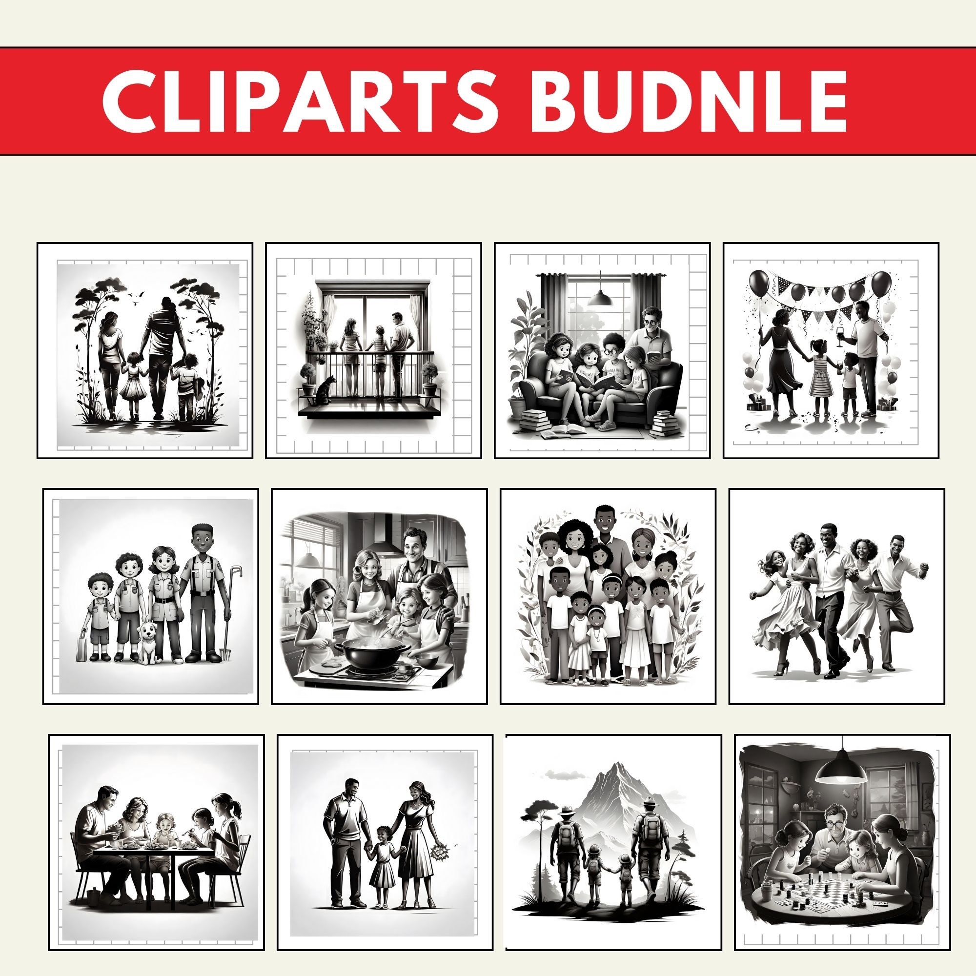 Family Clipart Black and White, Family Love Clipart PNG Bundle, 24 PNG ...