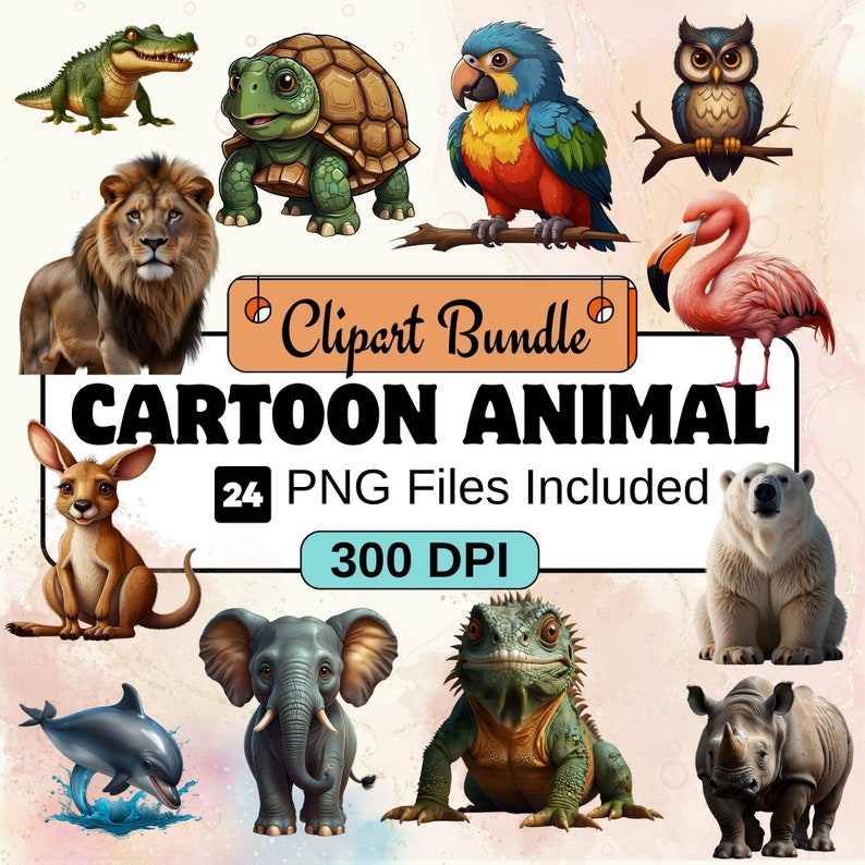 Cartoon Animal Clipart, Animal Clipart PNG Bundle, 24 PNG Cartoon ...
