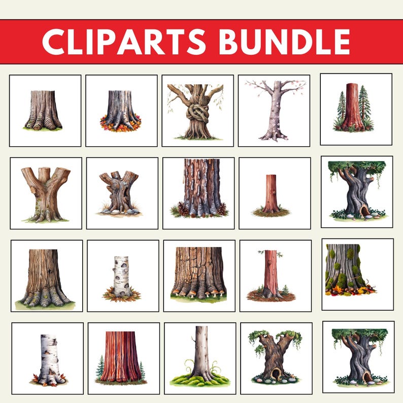Watercolor Tree Trunks Clipart, Nature Woodland Clipart PNG Bundle, 365 ...