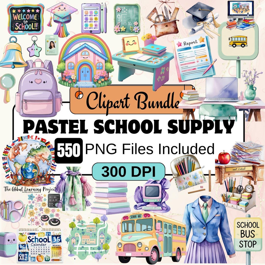 550 Pastel School Supply Clipart, Back to School,teacher Clipart ...