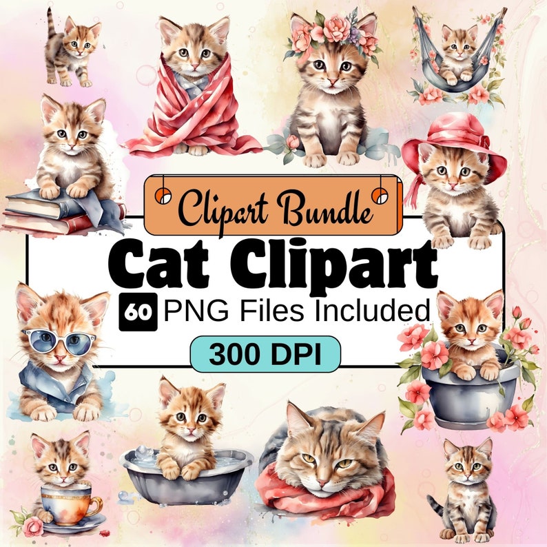 Cat Clipart, Animal Clipart PNG Bundle, 60 PNG Cat Clipart Bundle ...