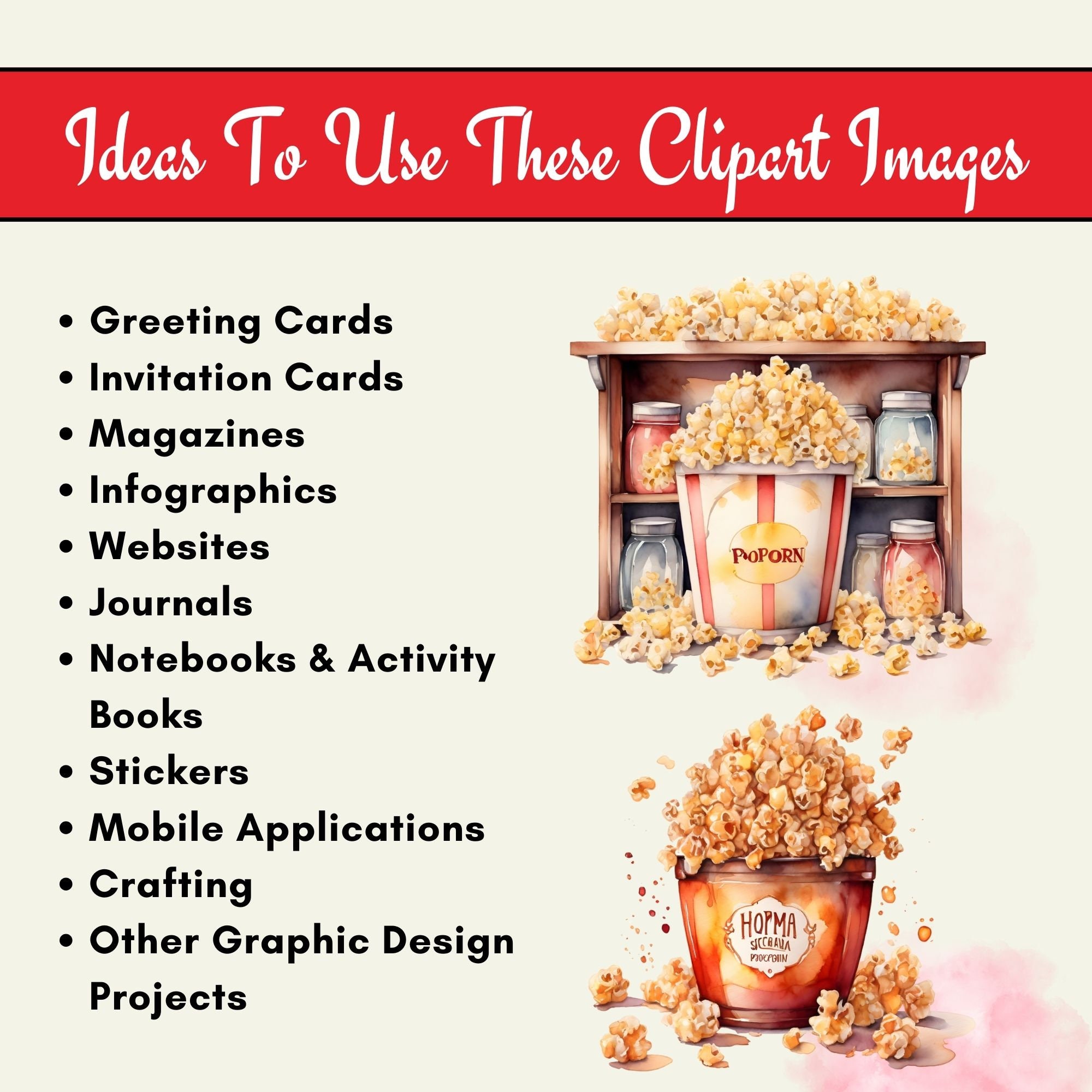 Popcorn Clipart, Watercolor Popcornt PNG Bundle, 24 Popcorn Clipart ...