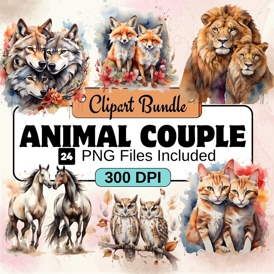 Animal Couple Clipart, Couple Clipart PNG Bundle, 24 PNG Animal Couple ...