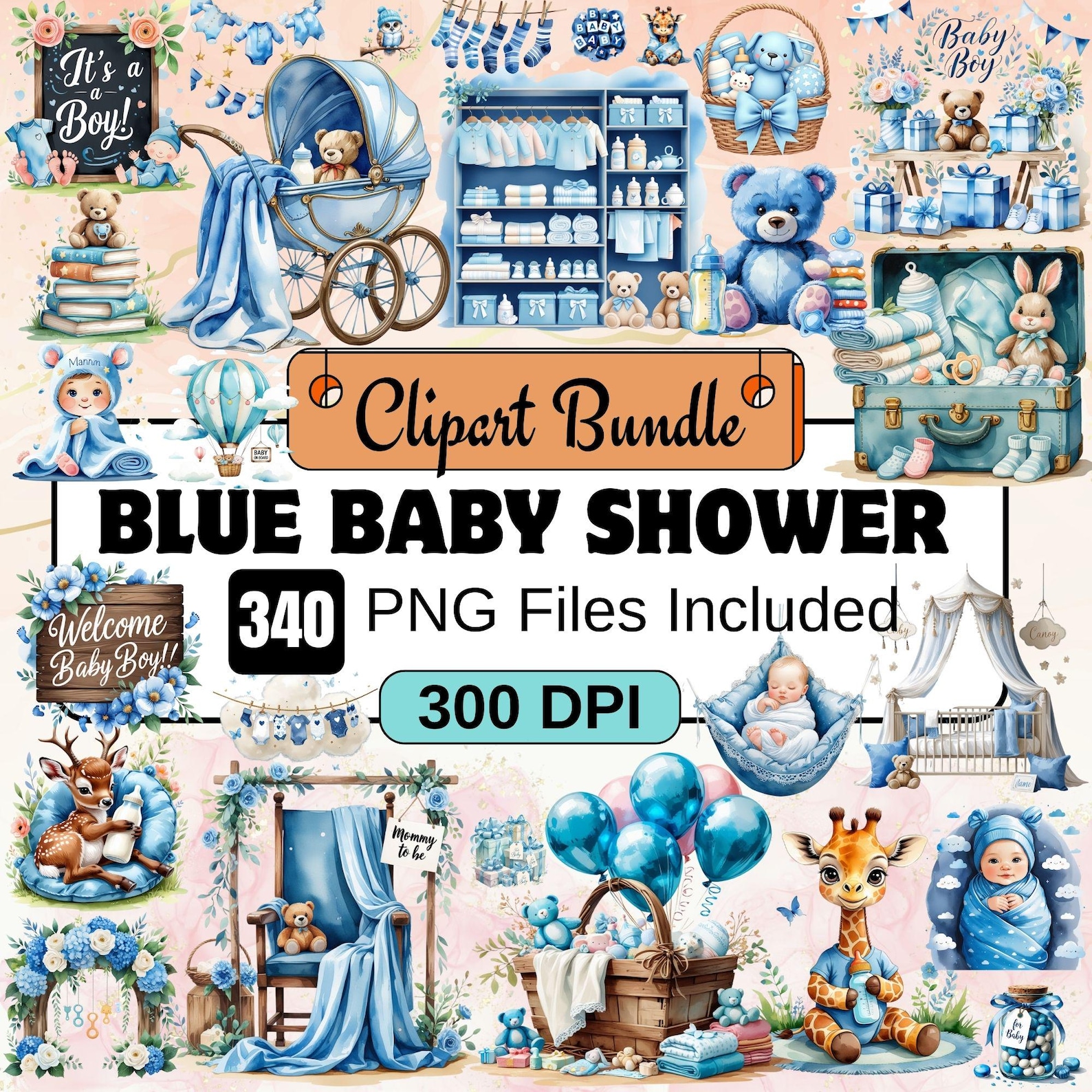 340 Blue Baby Shower Clipart, Boy Baby Shower Clipart PNG Bundle ...