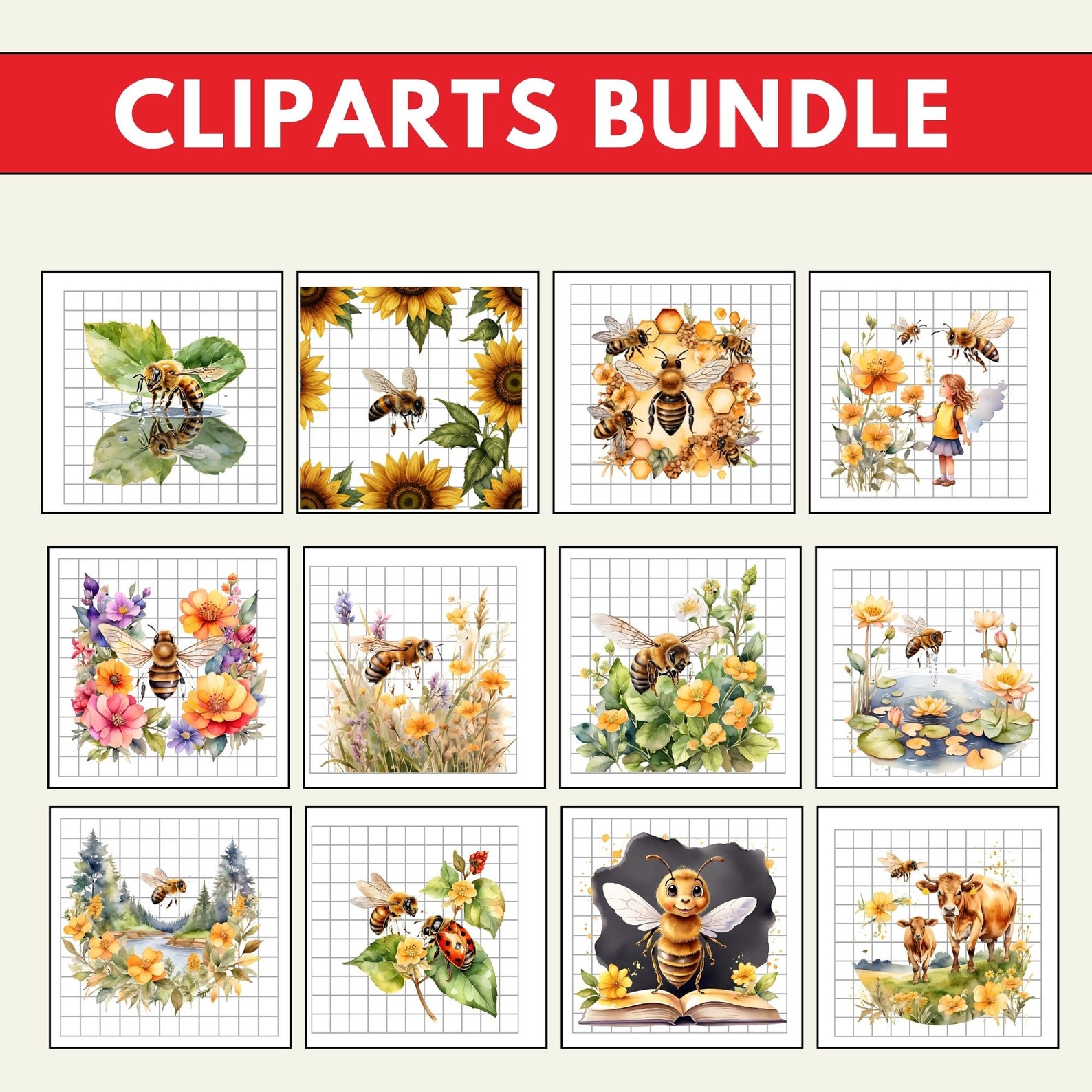 Honey Bee Clipart, Animal Clipart PNG Bundle, 24 PNG Honey Bee Clipart ...