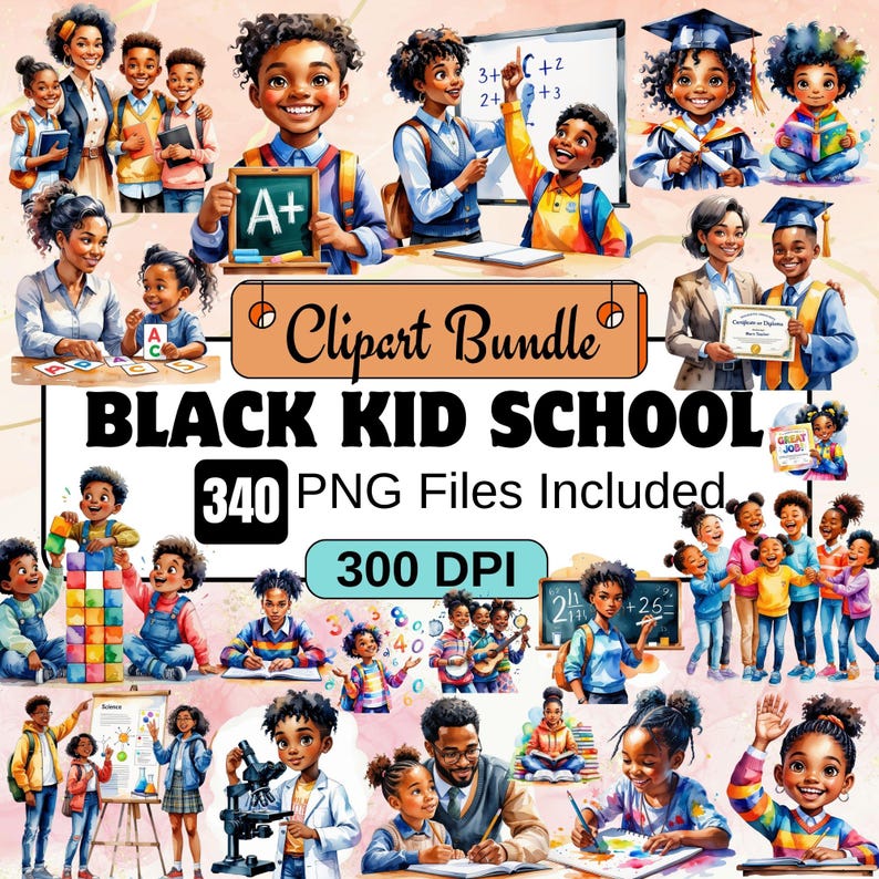340 Black Kid School Clipart,black Kids PNG Bundle,black Teacher,black ...